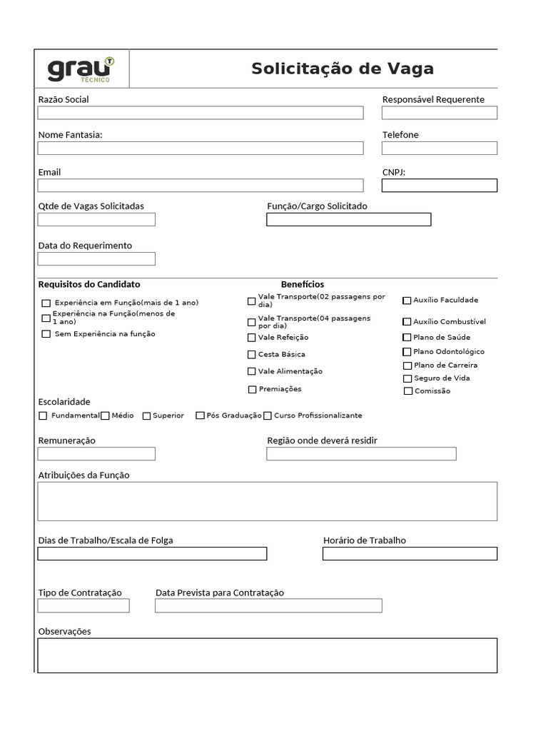 Formulário de Solicitação de Vaga | PDF