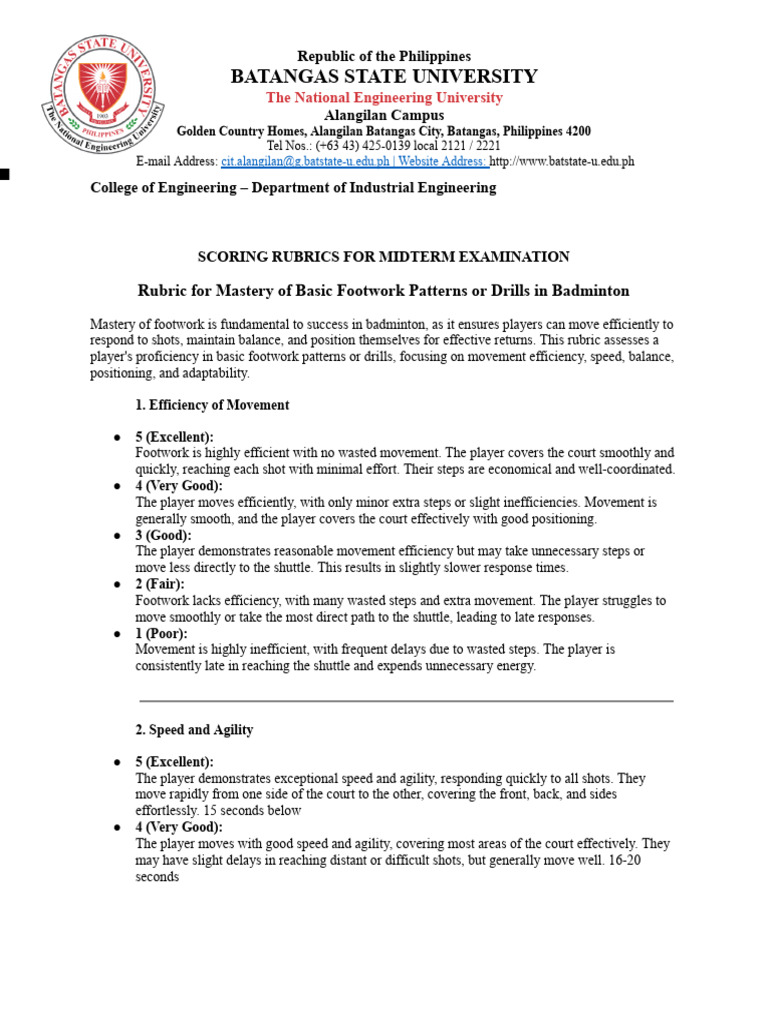 Badminton Detailed Scoring Rubrics For Midterm | PDF