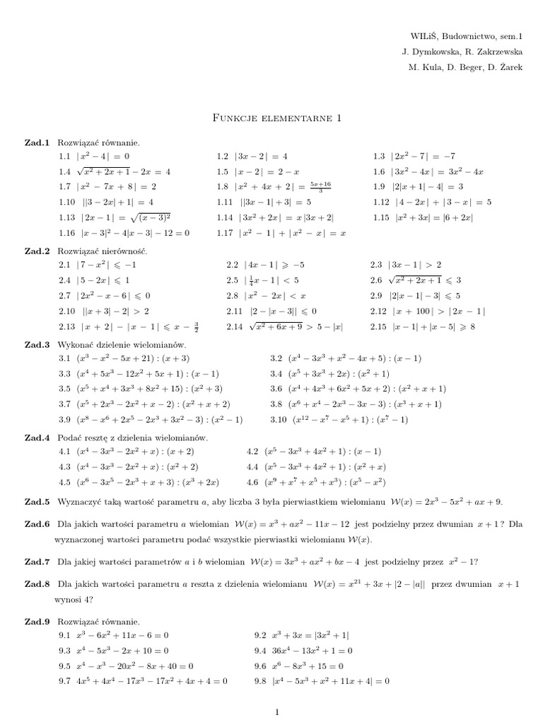 Funkcje Elementarne 1 | PDF