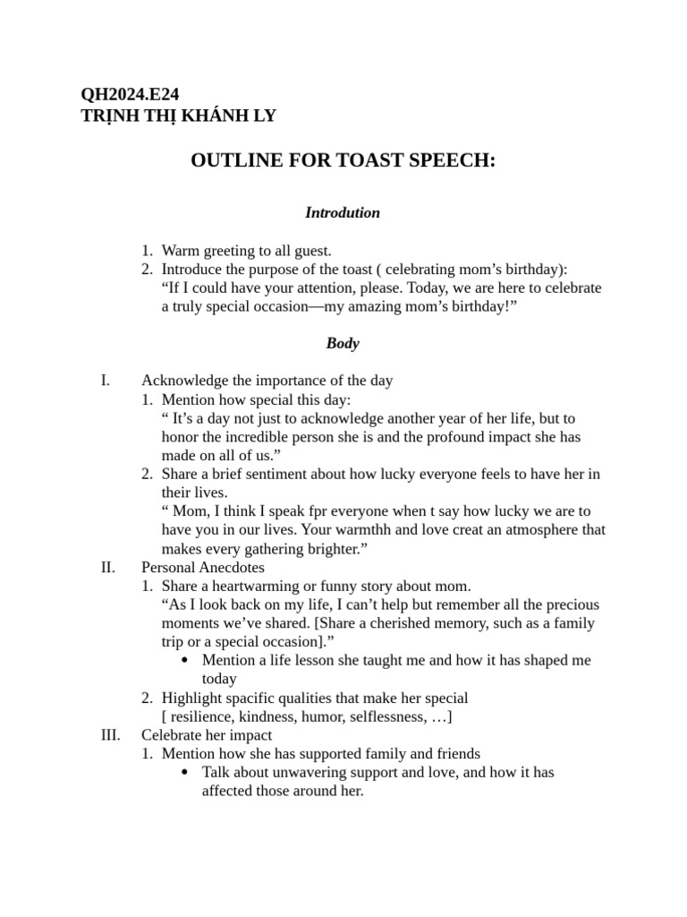 TRỊNH KHÁNH LY-OUTLINE FOR TOAST SPEECH. | PDF