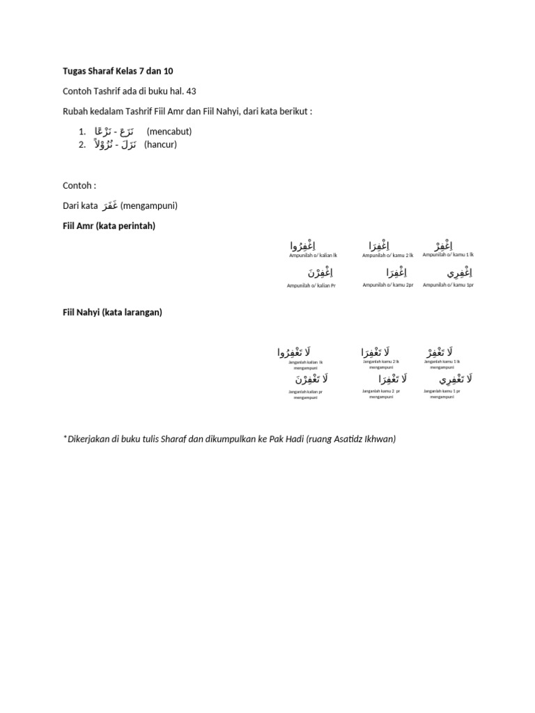 Tugas Sharaf Kelas 7 Dan 10 (Fiil Amr & Nahyi) | PDF