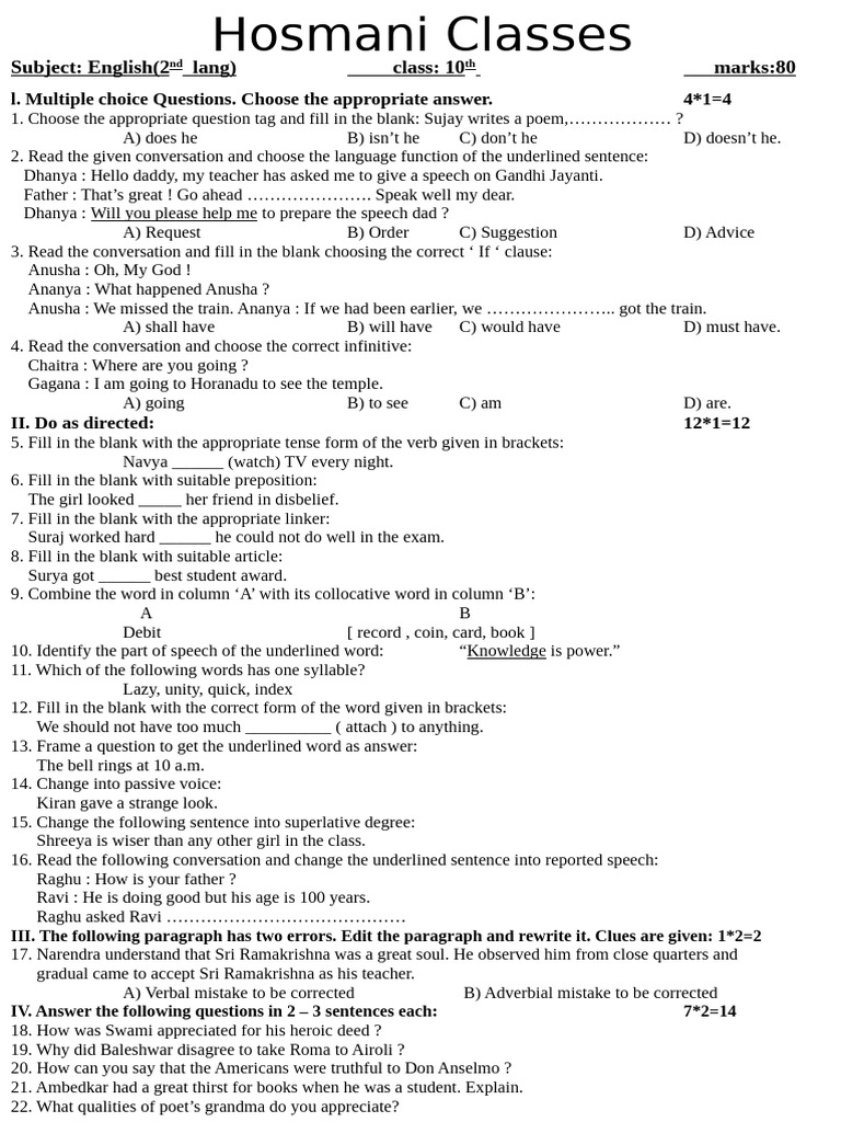 2nd Language English 80 Marks Paper | PDF