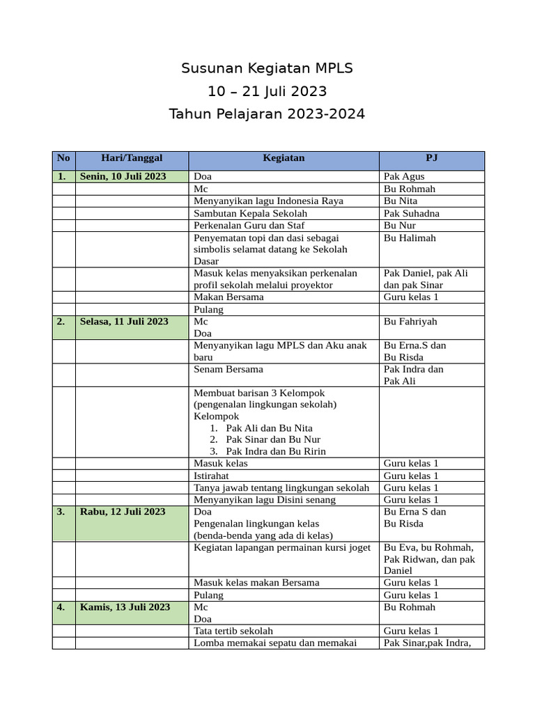Susunan Kegiatan MPLS 2023-2024 | PDF