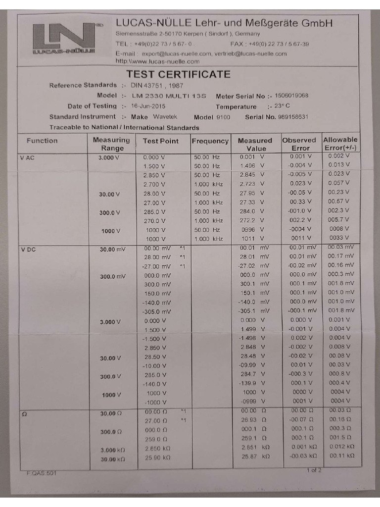 Certificado de Calibracion Multímetro de Mano LUCAS-NÜLLE LM 2330 MULTI ...
