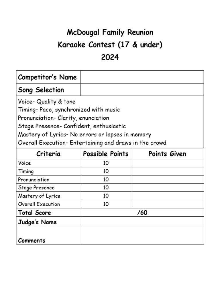 Karaoke Score Sheet 17 and Under | PDF