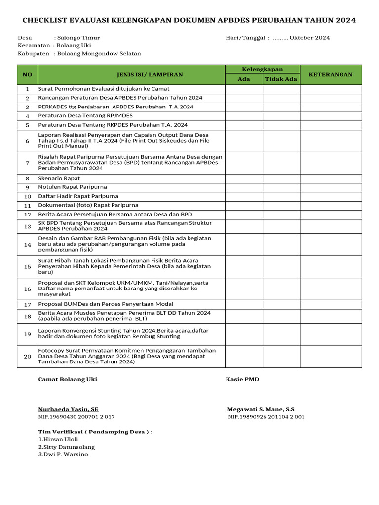 Ceklist Apbdes Perubahan | PDF