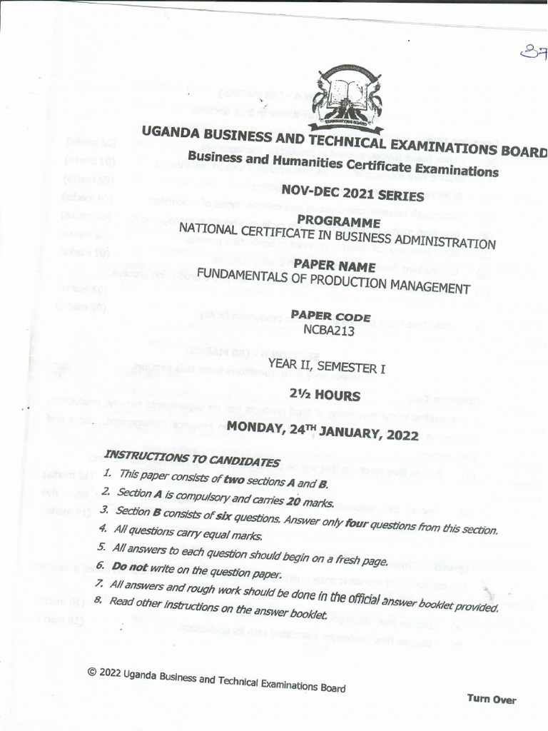 UBTEB PAST PAPER NCBA113 Fundamentals of Production Management JAN 2022 ...