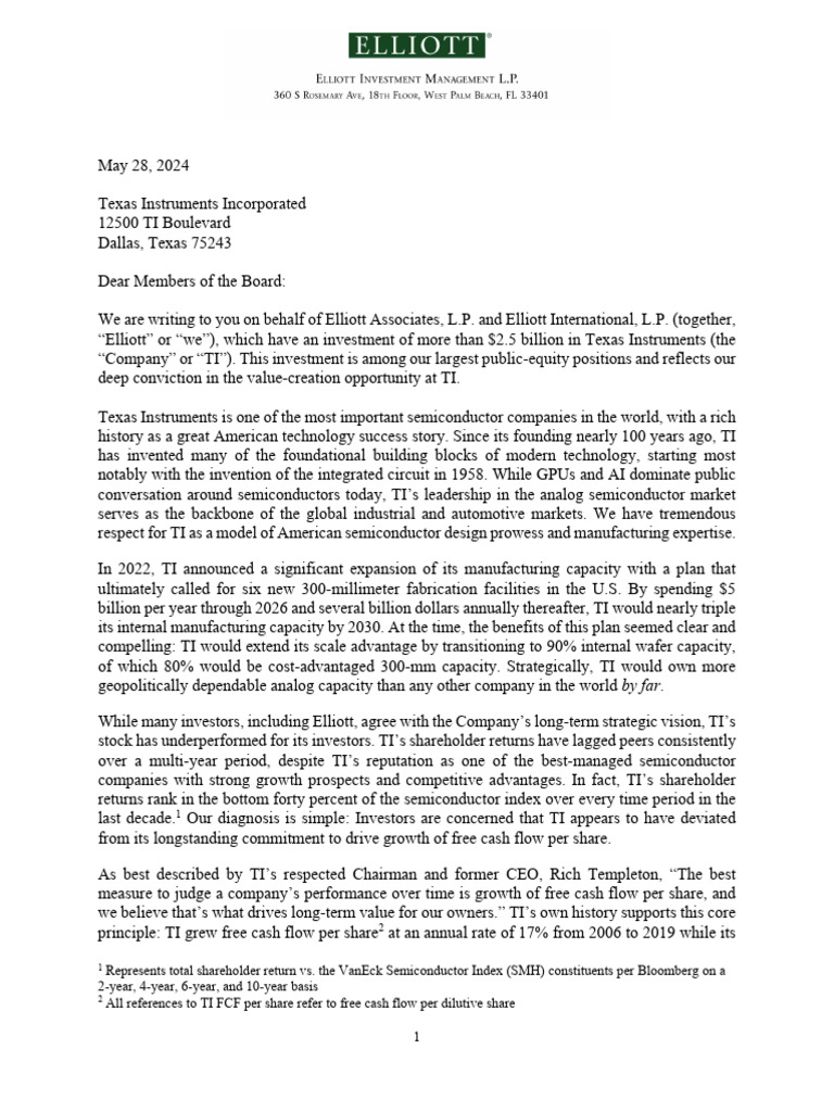 Elliotts Letter To The Board of Texas Instruments | PDF