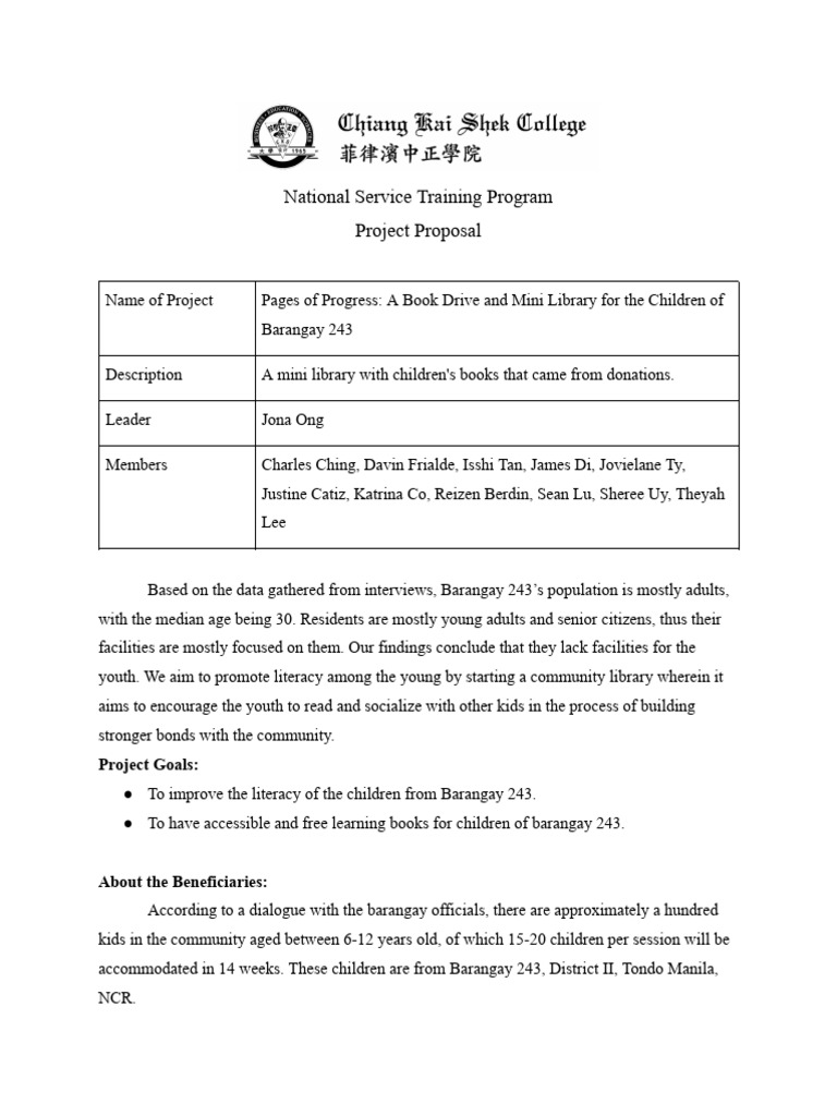 Group 4 - Book Drive and Mini Library For The Children of Barangay 243 ...