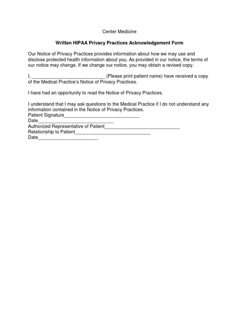 Written HIPAA Privacy Practices Acknowledgement Form | PDF