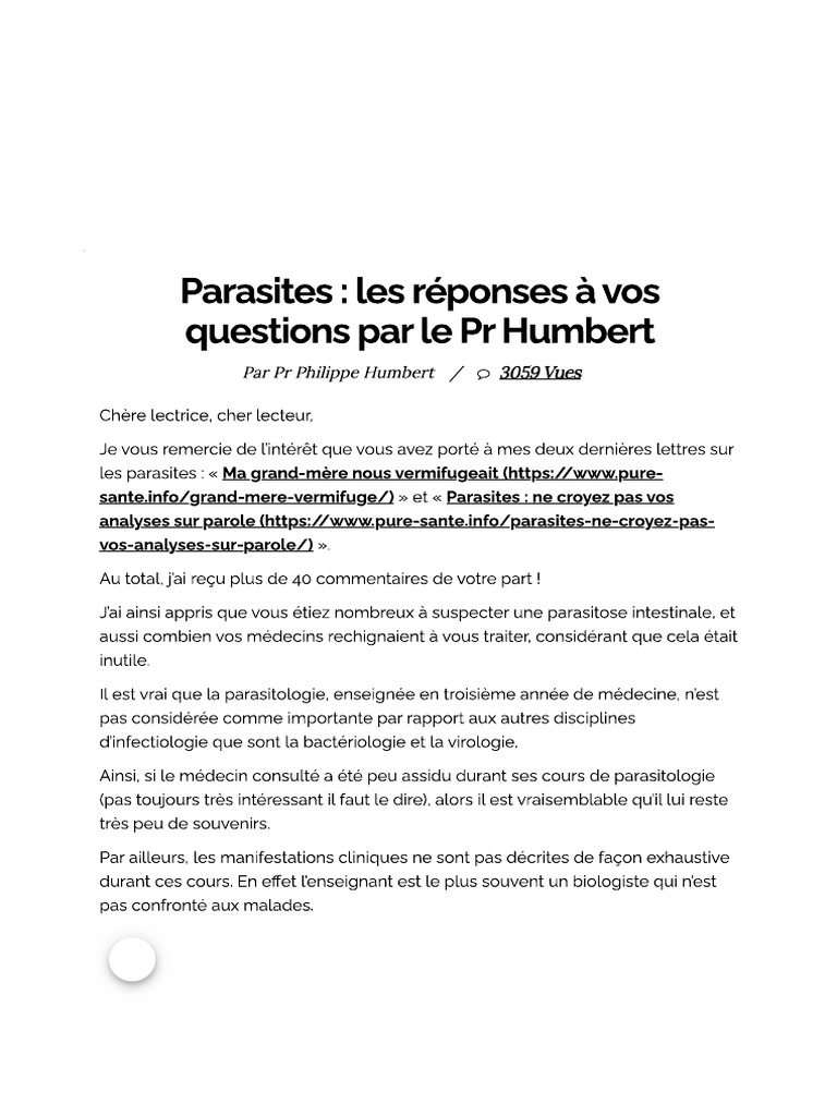 Parasites - Les Réponses À Vos Questions Par Le PR Humbert | PDF