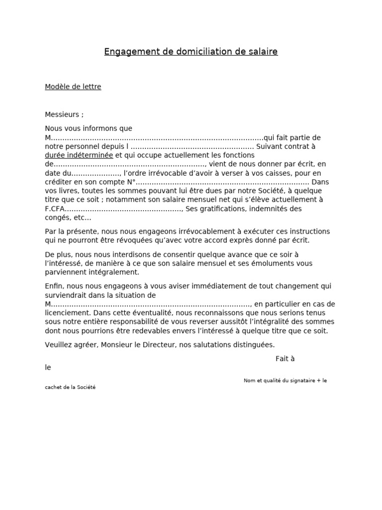 Engagement de Domiciliation de Salaire | PDF