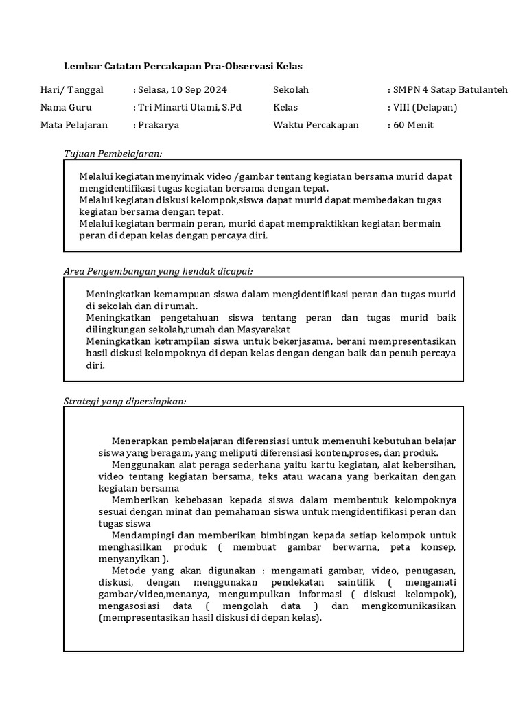 2 Lembar Catatan Percakapan Pra-Observasi Kelas | PDF