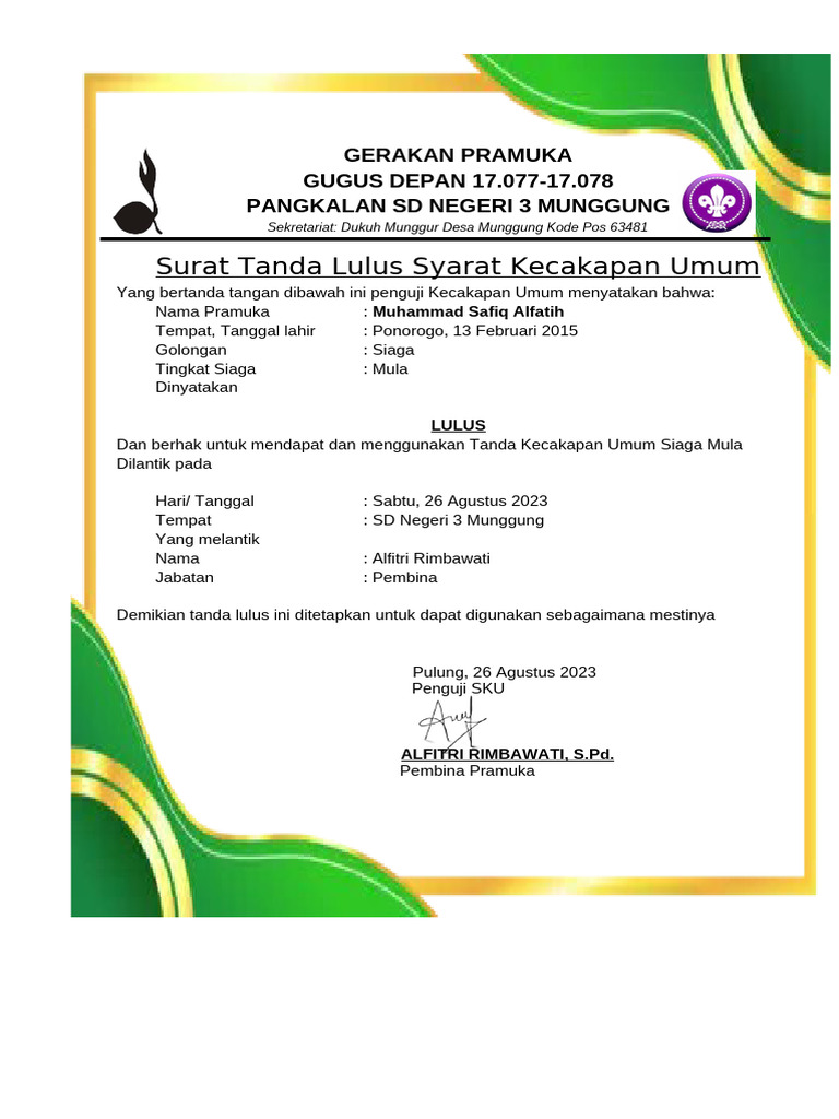 Surat Keterangan Lulus Sku Safiq | PDF