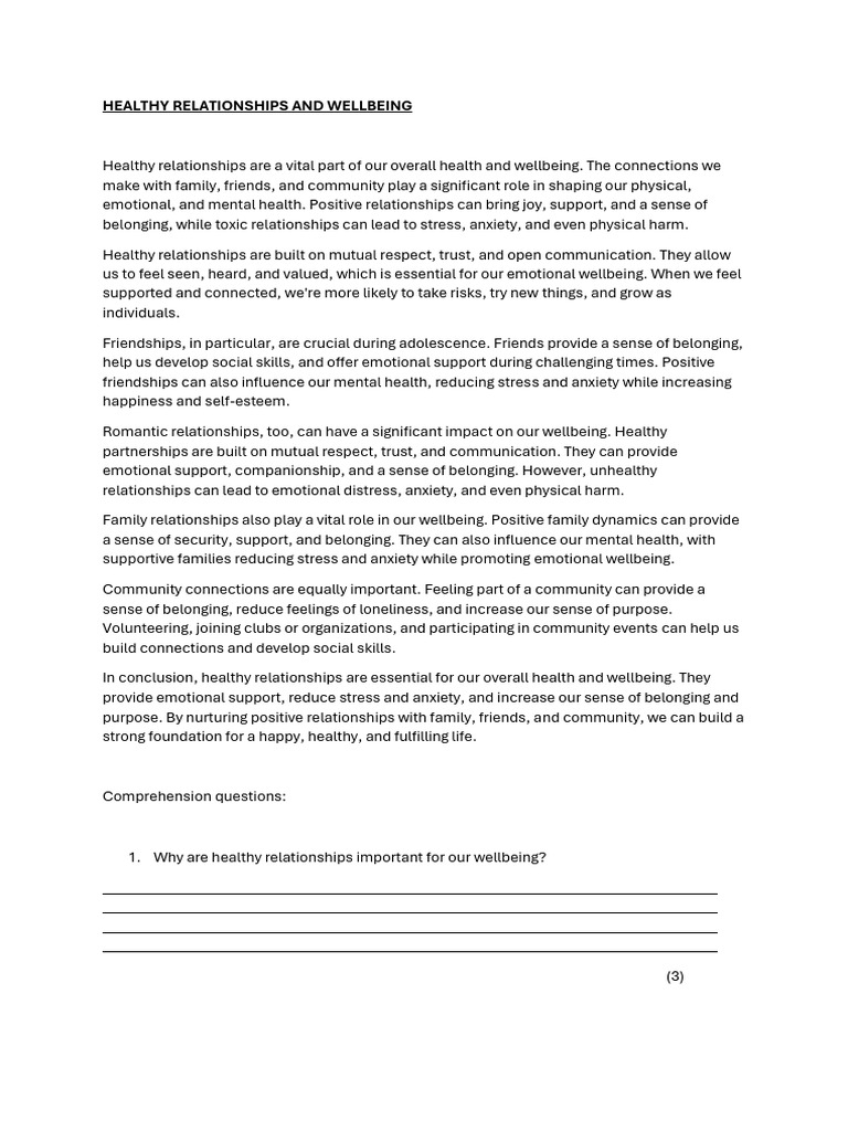 Healthy Relationships Comprehension | PDF