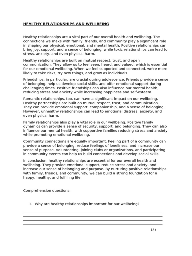 Healthy Relationships Comprehension | PDF