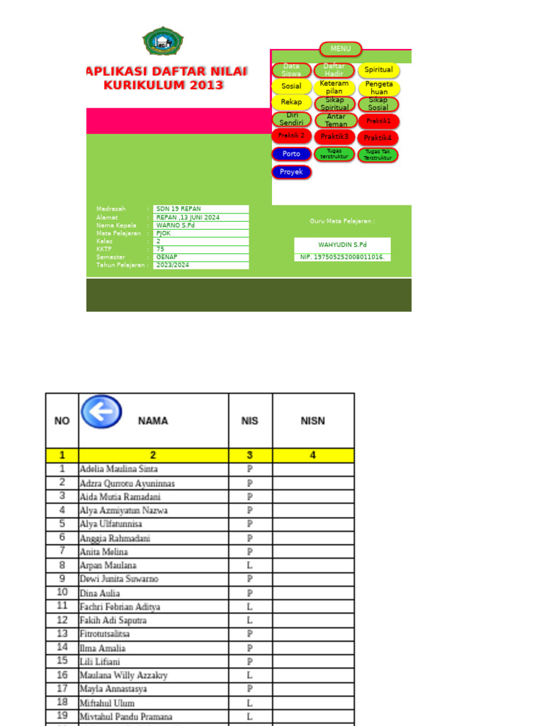 Aplikasi Nilai Guru Mapel 7A | PDF