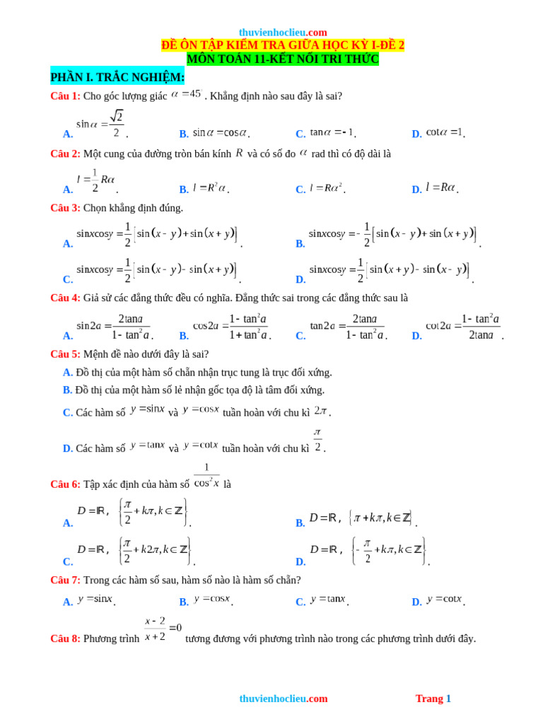 De Kiem Tra Giua HK1 Toan 11 KNTT de 2 | PDF