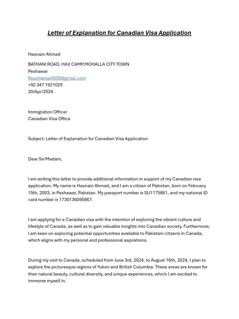 Canadian Visa Application Letter | PDF | Travel Visa | Canada