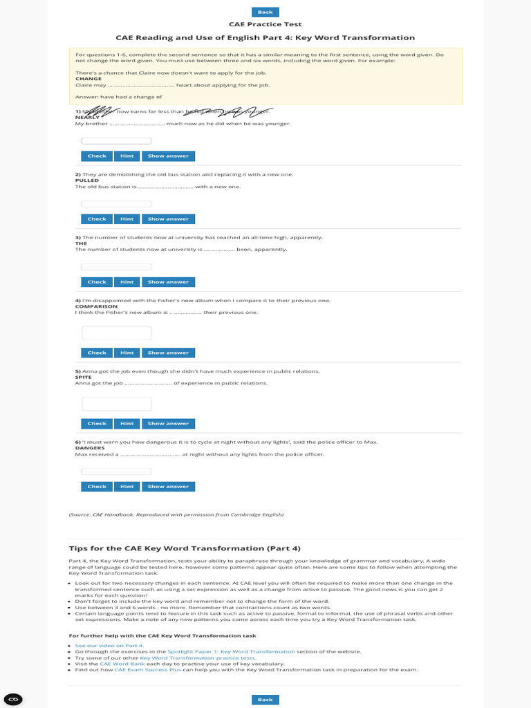 CAE Key Word Transformation Practice Test | PDF