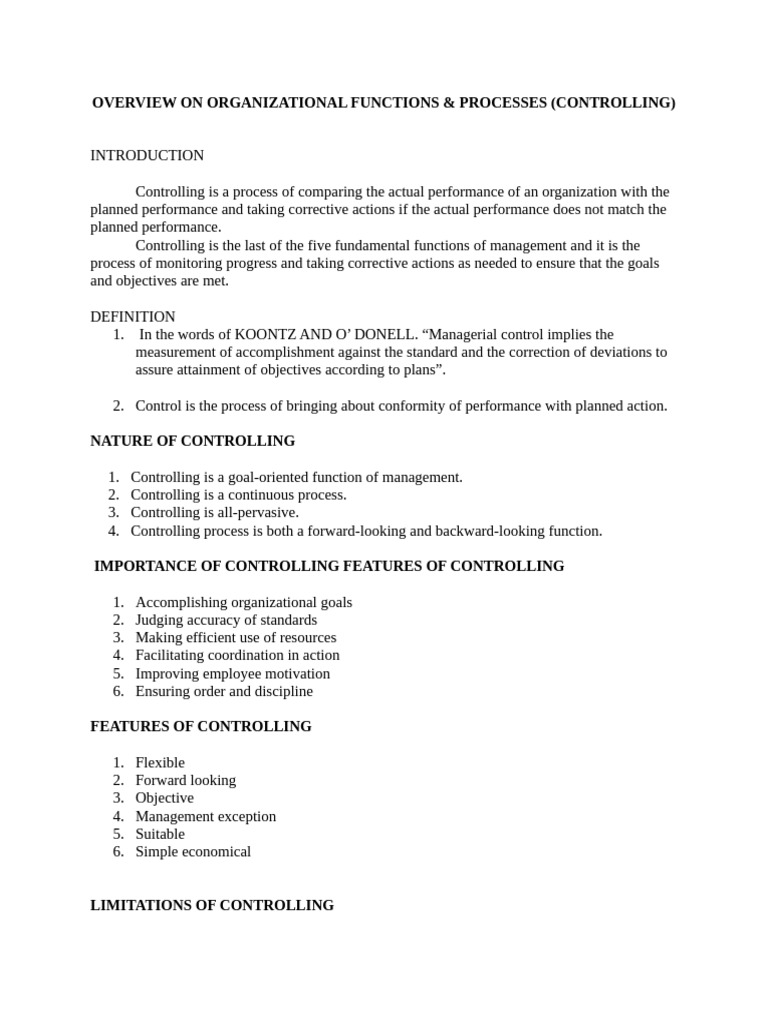 Overview On Organizational Functions - Controlling | PDF