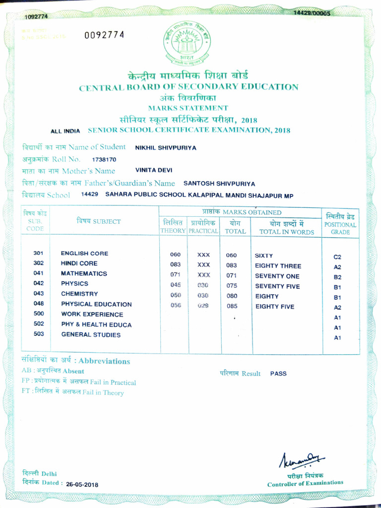 12th Marksheet | PDF