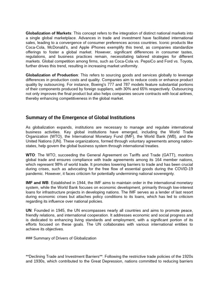 Globalization of Markets This Concept Refers To The Integration of ...