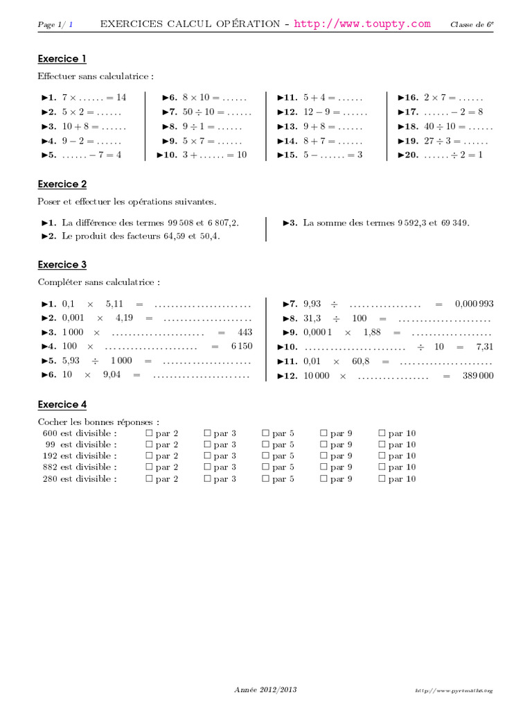Exercice Calcul Operation 1 | PDF | Teaching Methods & Materials ...