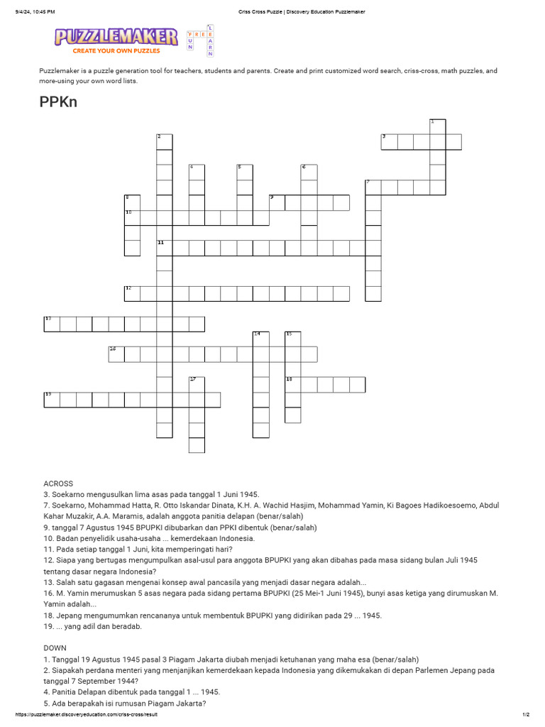 Criss Cross Puzzle - Discovery Education Puzzlemaker | PDF