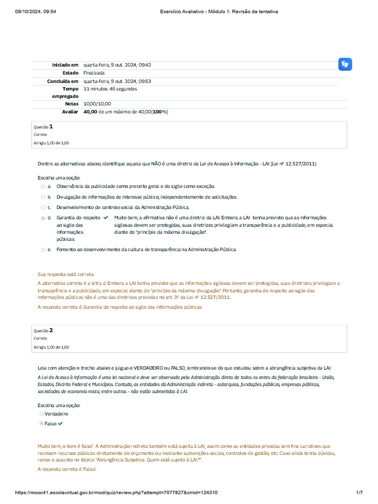 Exercício Avaliativo - Módulo 1 - Revisão Da Tentativa | PDF