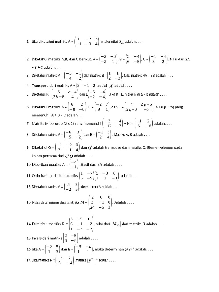 Latihan Soal Matematika Wajib Kelas Xi (Matriks) | PDF