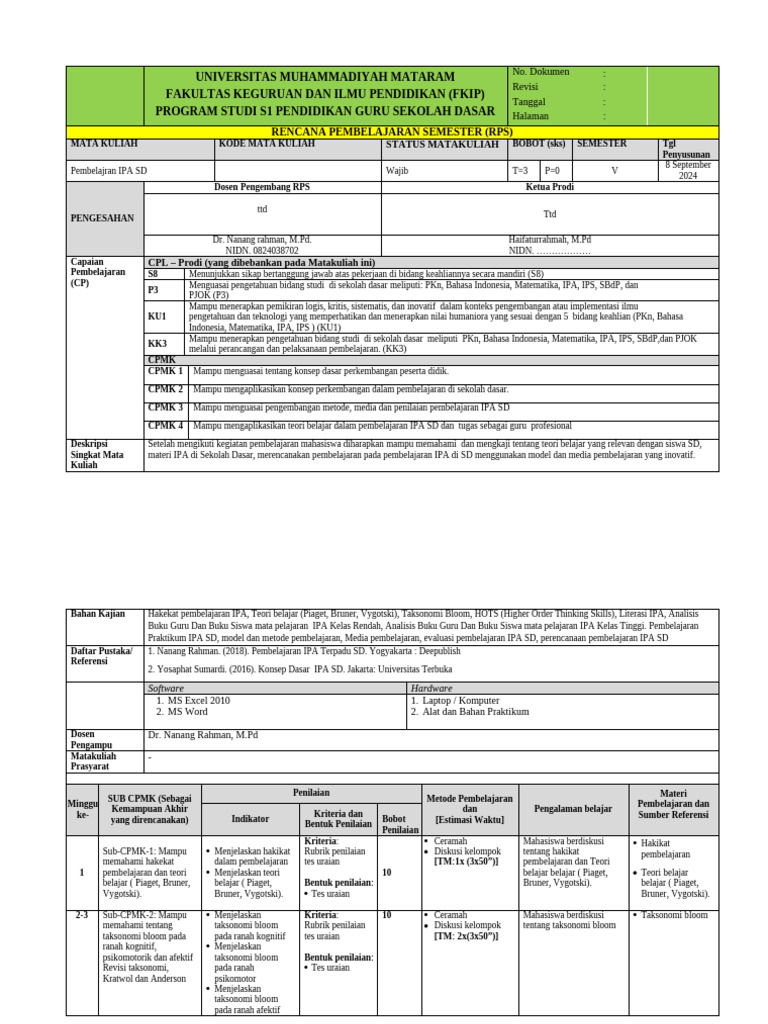 RPS Pembelajaran Ipa SD | PDF