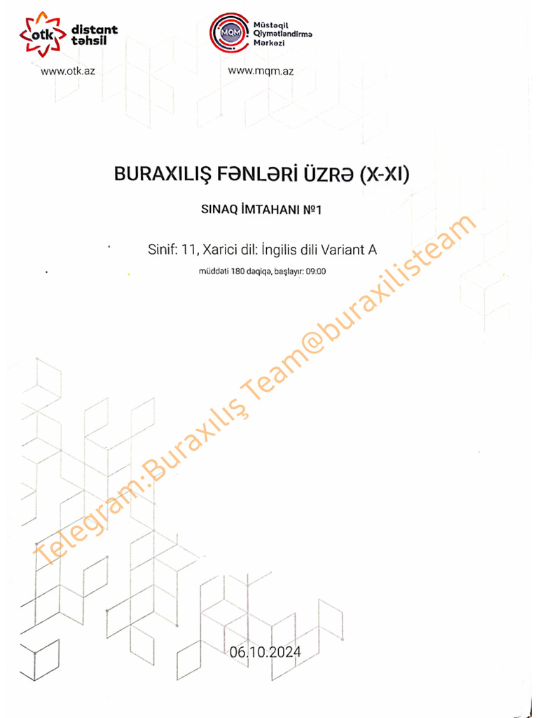Kainat OTK 11 Ci Sinif Buraxılış Sınağı 1 6 Oktyabr 2024 | PDF