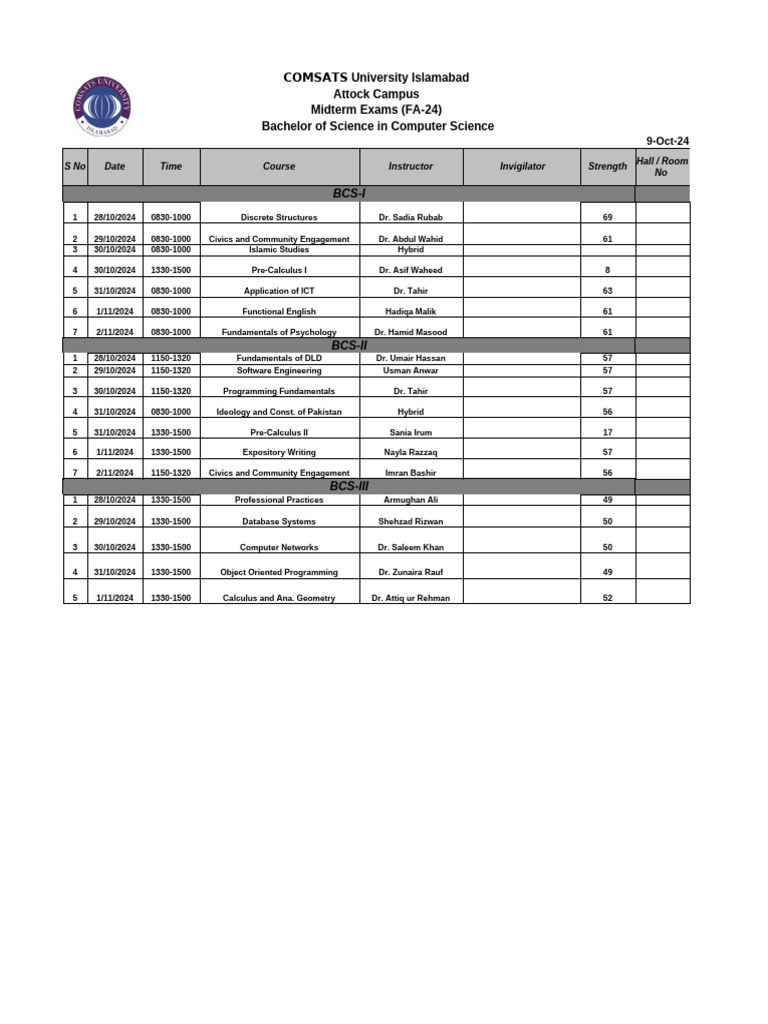 Midterm Date Sheet FA24 V2 | PDF