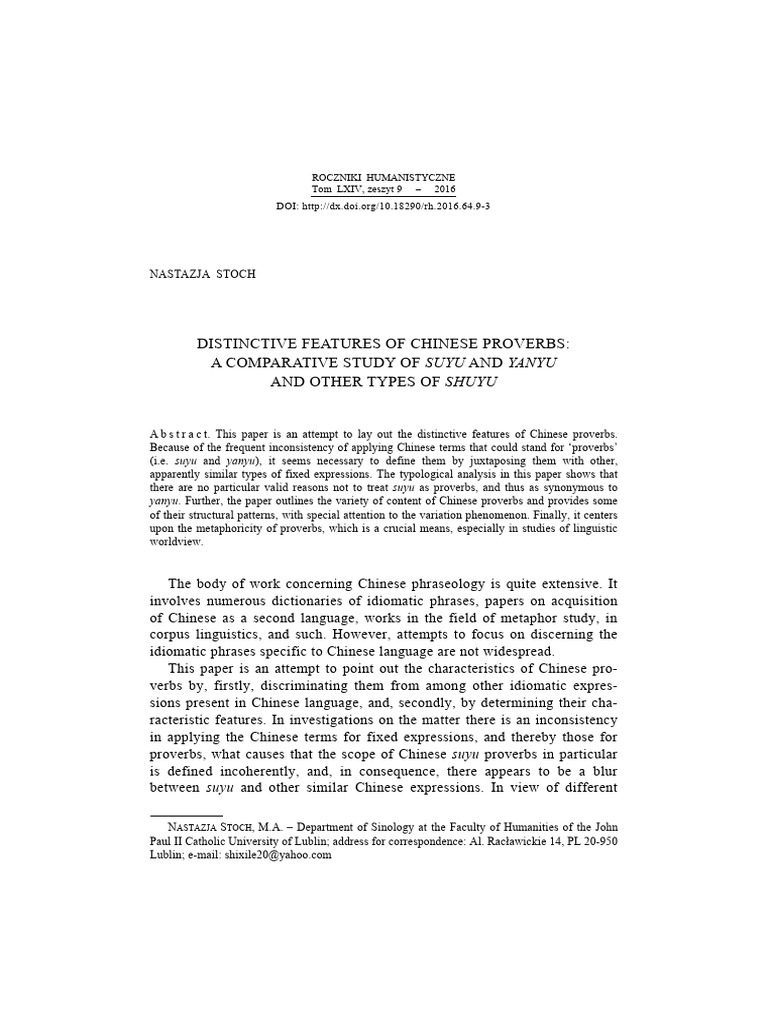 Distinctive Features of Chinese Proverbs | PDF