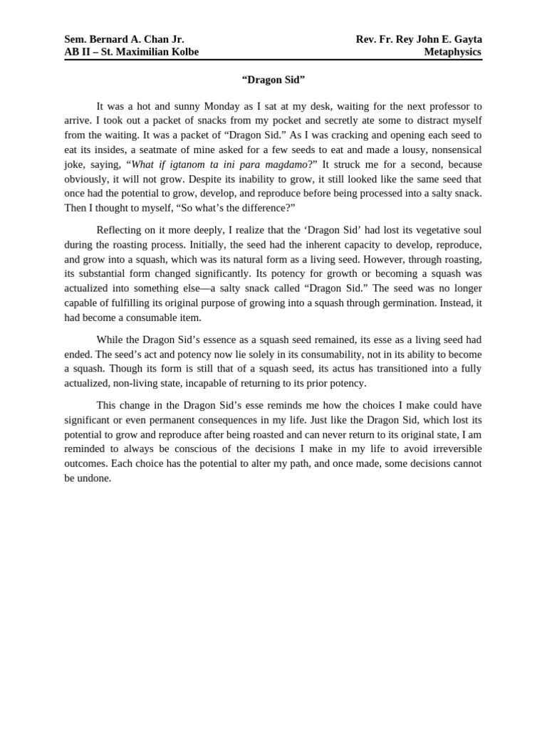 Metaphysics Reflection Paper - September | PDF