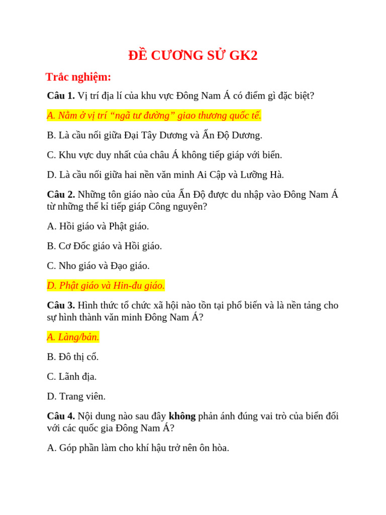 ĐỀ CƯƠNG SỬ GK2-2024 | PDF