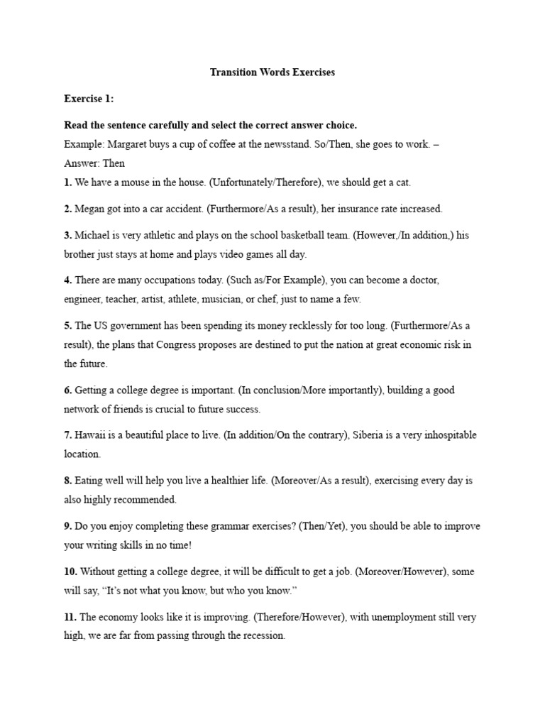 Reinforcement Exercises 3_ Transition Words Exercises | PDF