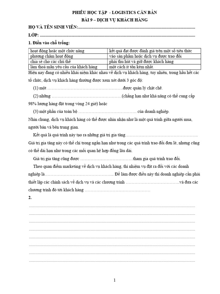 9 - Phieu Hoc Tap - Dich Vu Khach Hang | PDF