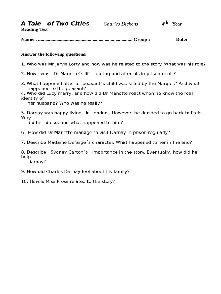 A Tale of 2 Cities Exam | PDF