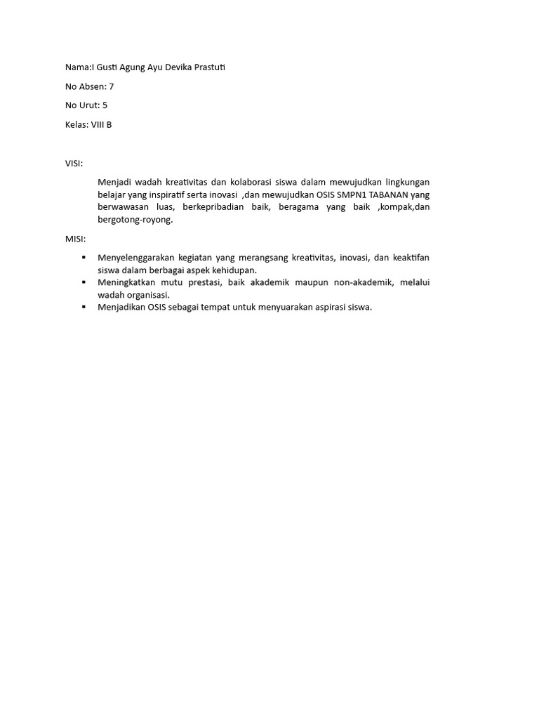 Visi Misi I Gusti Agung Ayu Devika Prastuti VIIIB | PDF