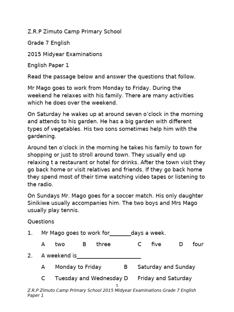 Grade 7 English Paper 1 2015 | PDF