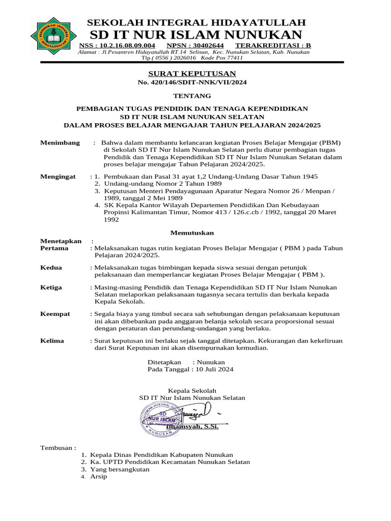 SK Pembagian Tugas Mengajar 2024-2025 | PDF
