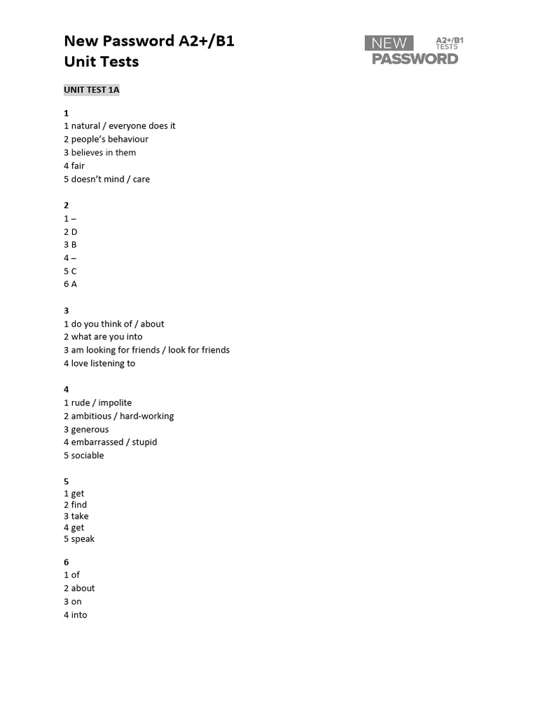 New Password - A2+ - B1 - UT - Answer - Key | PDF