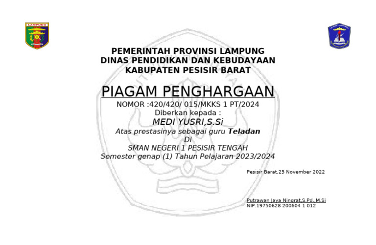 Piagam Guru Teladan | PDF