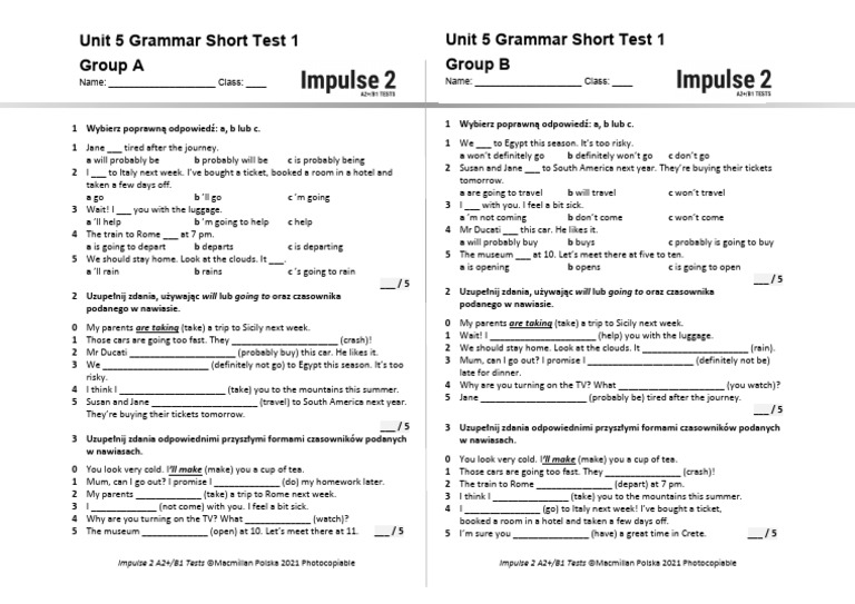 Unit 5 Grammar Short Test 1 A+B | PDF
