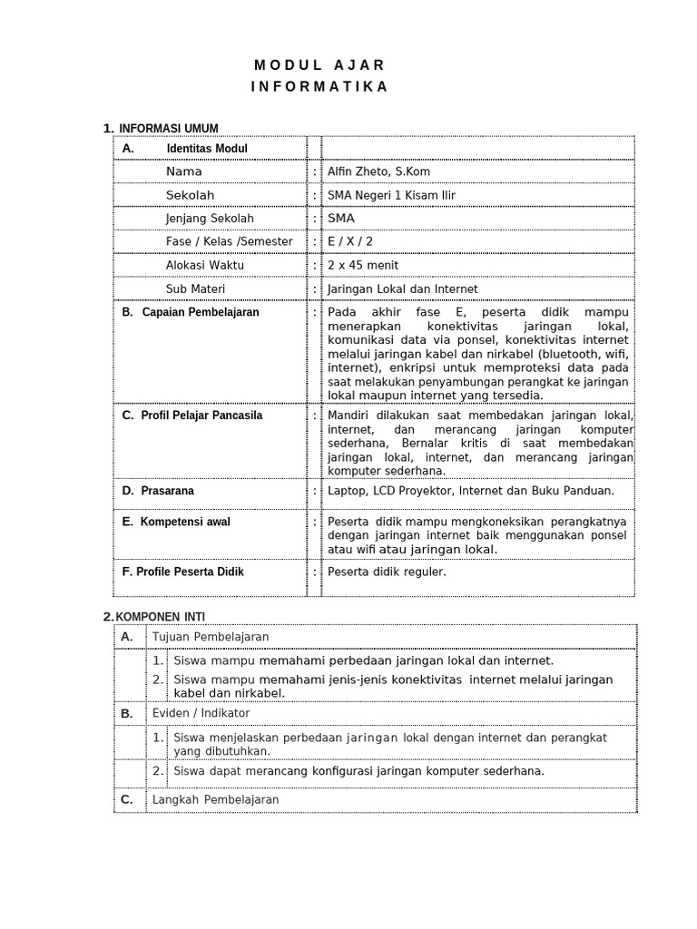 Modul Ajar Informatika - Jaringan Komputer - Fase E | PDF