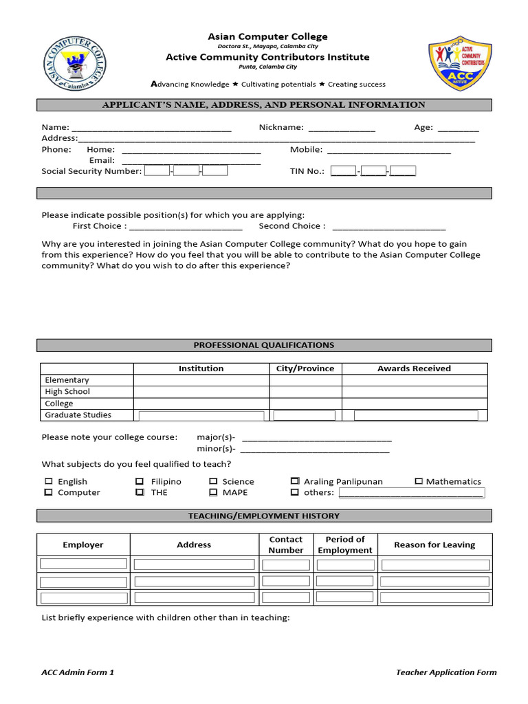 ACC Admin Form 1 - Application Form - Fillable - 2024 2025 | PDF