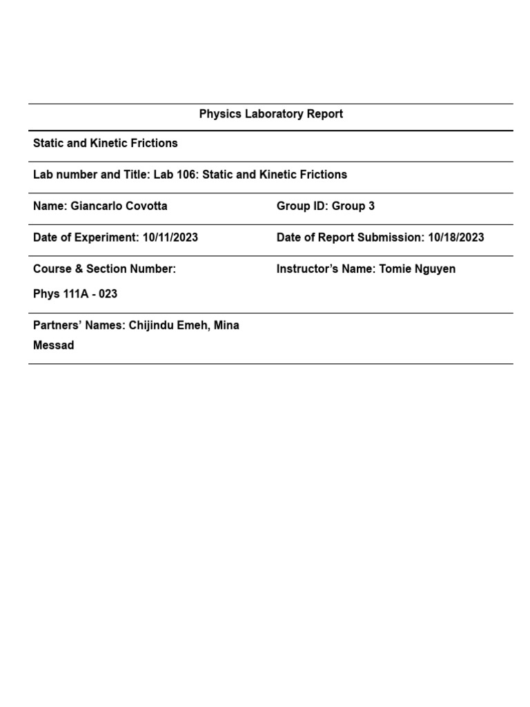 Lab 106 - Static and Kinetic Frictions | PDF