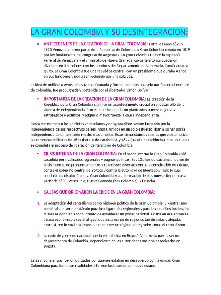 La Gran Colombia y Su Desintegracion | PDF